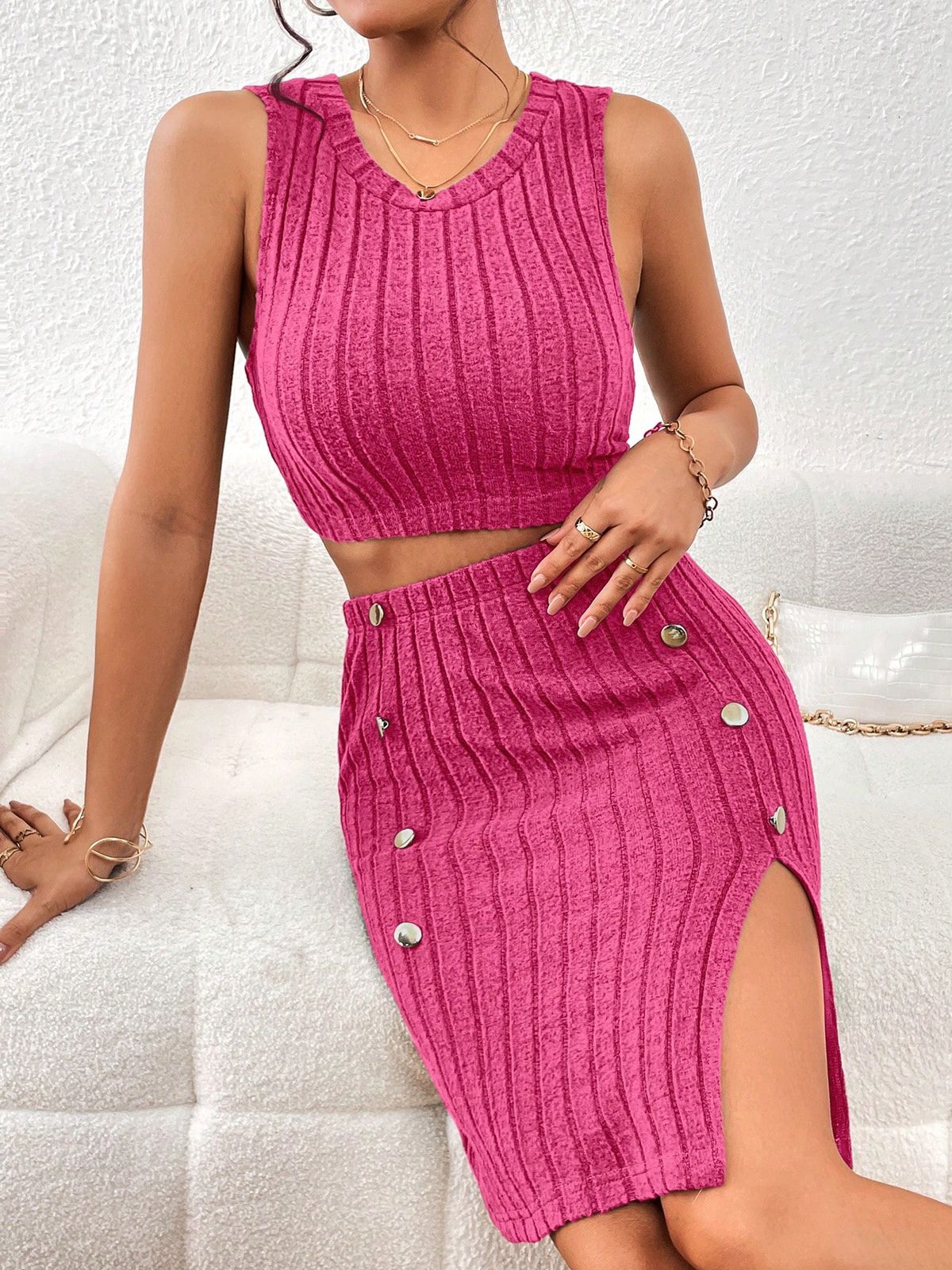 Solid Crop Tank Top And Split Hem Skirt Levelfive